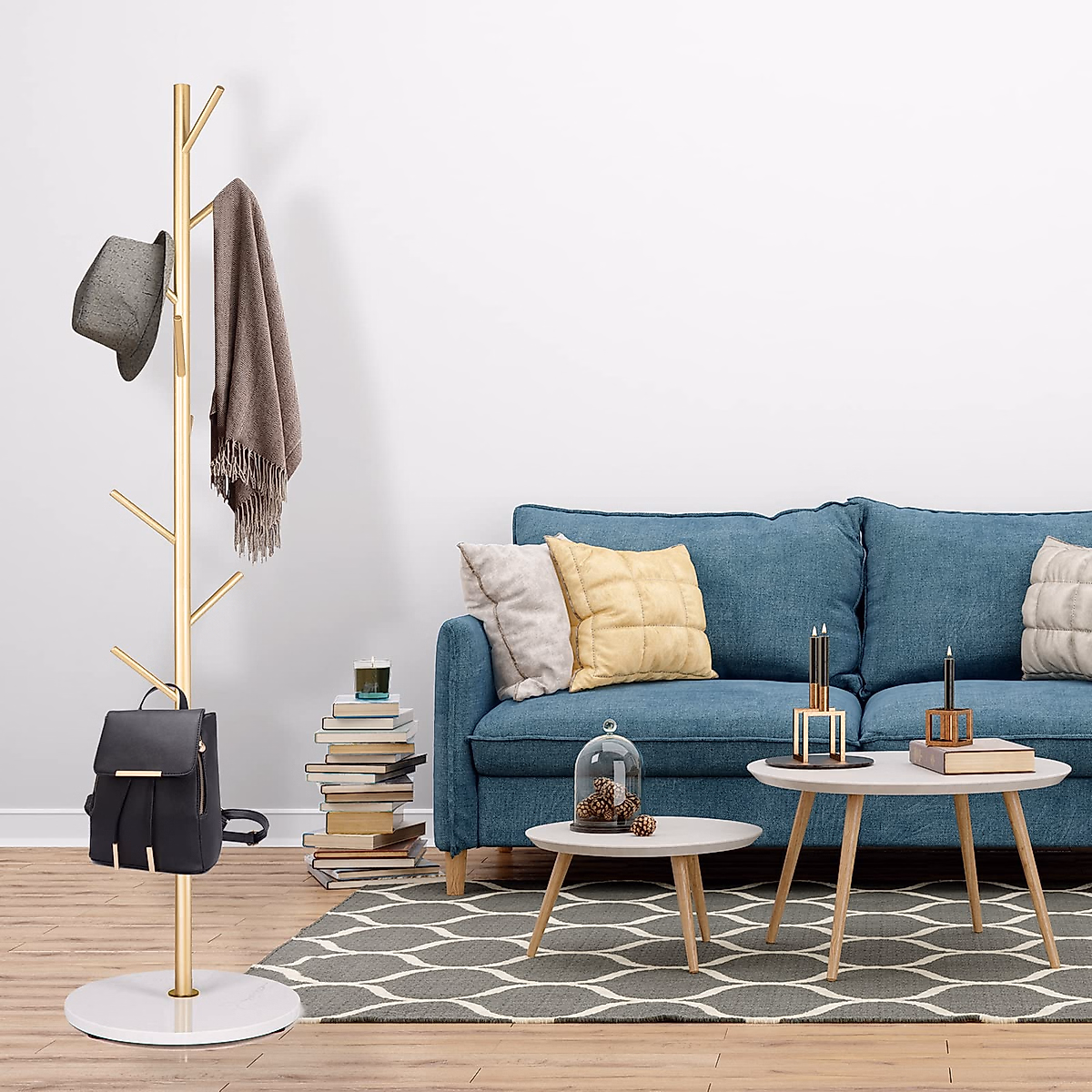 Snaikor Metal Coat Rack with Natural Marble Base, Modern Coat Rack Freestanding, Sturdy Coat Tree Stand, Golden Hall Tree for Jacket Hat Bag Entryway