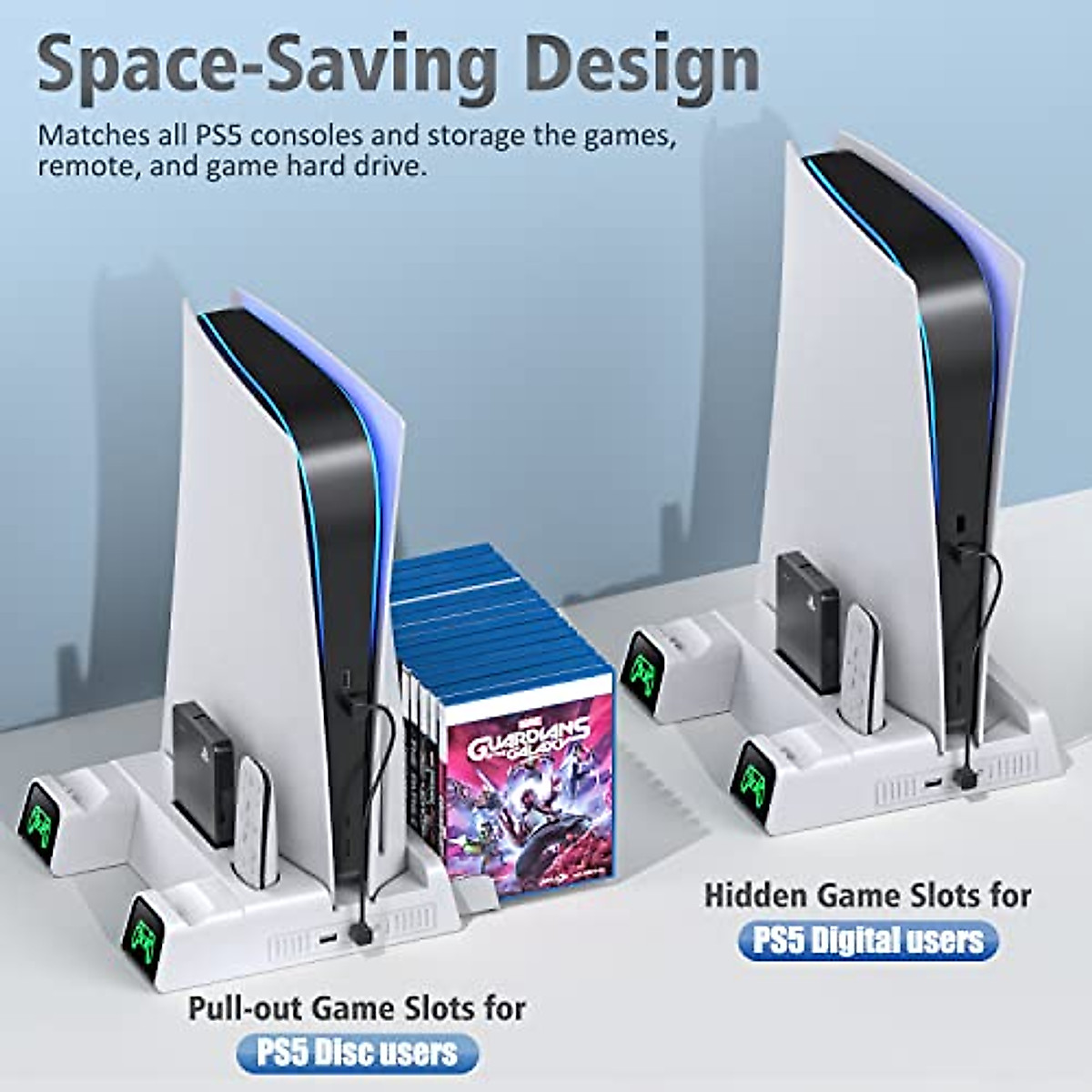 OIVO PS5 Stand with Cooling Station and PS5 Controller Charging Station for Playstation 5 Console Disc/Digital Edition, PS5 Cooling Fan Stand, PS5 Accessories Vertical Stand with Pull-Out Game Slots