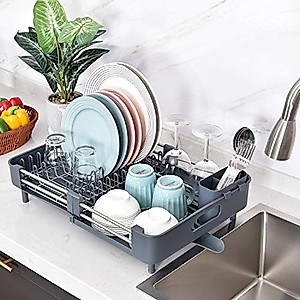 TOOLF Extendable Dish Rack, Dual Part Dish Drainers with Non-Scratch and Movable Cutlery Drainer and Drainage Spout, Adjustable Dish Drying Rack for Kitchen, 1 Piece Grey