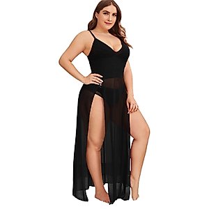 SOLY HUX Women's Plus Size Split Long Mesh Lingerie Dress Babydoll Chemise Black 2XL