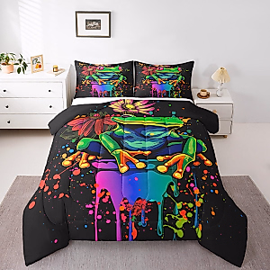 Colorful Tie Dye Bedding Set,Cartoon Frog Print Comforter Set,Rainbow Graffiti Style Duvet Insert for Kids Boys Girls Child,Rose Flower Daisy Floral Down Comforter for Bedroom Decor,2 Pillow Shams