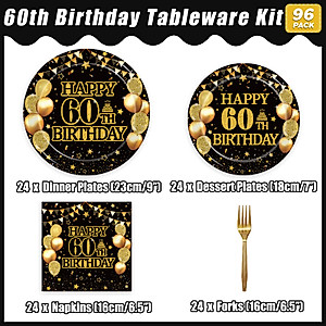 Kepeel 96Pcs 60th Birthday Party Tableware Set, Back in 1965 Birthday Party Decorations Supplies for Men Women Cheers to 60 Years Disposable Paper Plates Napkins Forks Favors, Serve 24