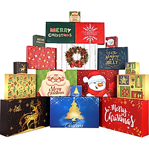 18 Gift Boxes with Lids for Presents, Assorted Christmas Wrapping Boxes for Extra Large Clothes, 12 Designs 4 Size Christmas Robes Shirt Box for Sweater, Xmas Holiday Present Box with 18 Gift Stickers