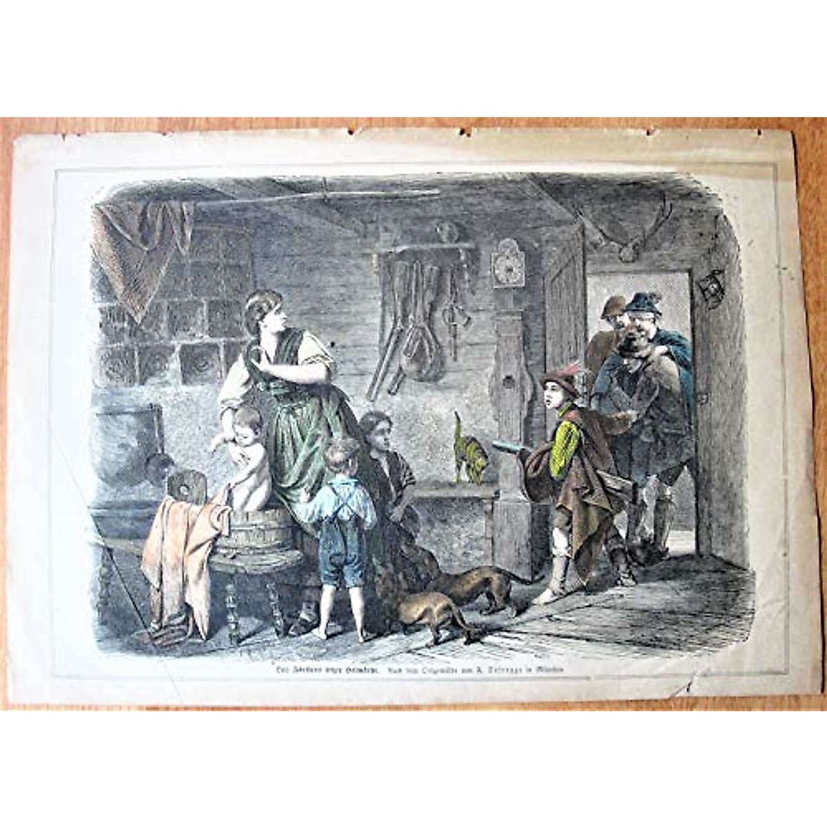 Antique Steel Engraving: Woman Bathing Child