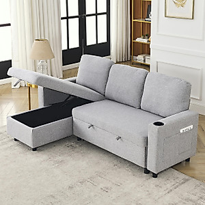 RuiSiSi L-Shaped Combo Sofa Bed, Living Room Furniture Sets for Tight Spaces, Reversible Sleeper Combo Sofa with Pullout Bed for Living Room, Office, Apartment, Light Grey