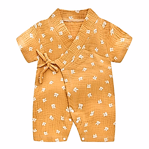 PAUBOLI Baby Kimono Robe Newborn Cotton Yarn Bodysuit Romper Infant Japanese Pajamas 0-24 Months (12-24 Months, Cat)