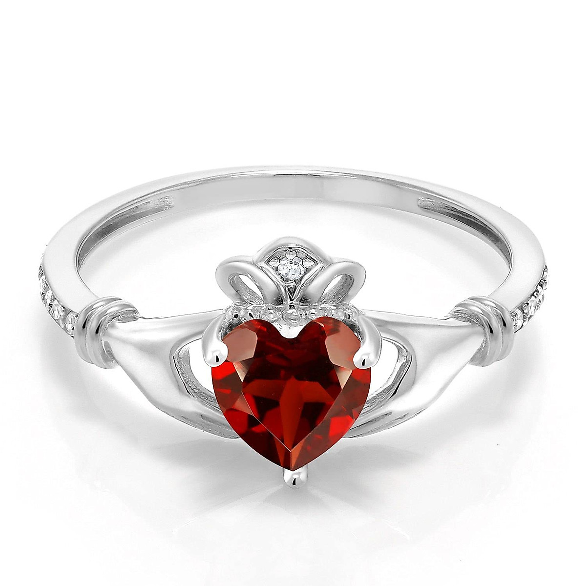 Gem Stone King 10K White Gold 6MM Heart Shape Gemstone Birthstone and White Diamond Irish Celtic Claddagh Engagement Ring | Gold Ring For Women | Available In Size 5, 6, 7, 8, 9