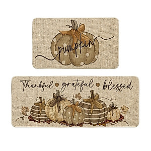 Artoid Mode Polka Dot Pumpkin Maple Leaf Fall Kitchen Mats Set of 2, Thanksgiving Home Decor Low-Profile Kitchen Rugs for Floor - 17x29 and 17x47 Inch