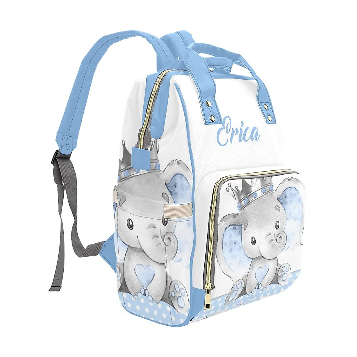 NZOOHY Cute Elephant Prince Personalized Name Diaper Bag Tote, Custom Waterproof Nursing Baby Bag Mummy Backpack for Mom Travel Outdoor, 15'' X 10.83'' X 6.69''