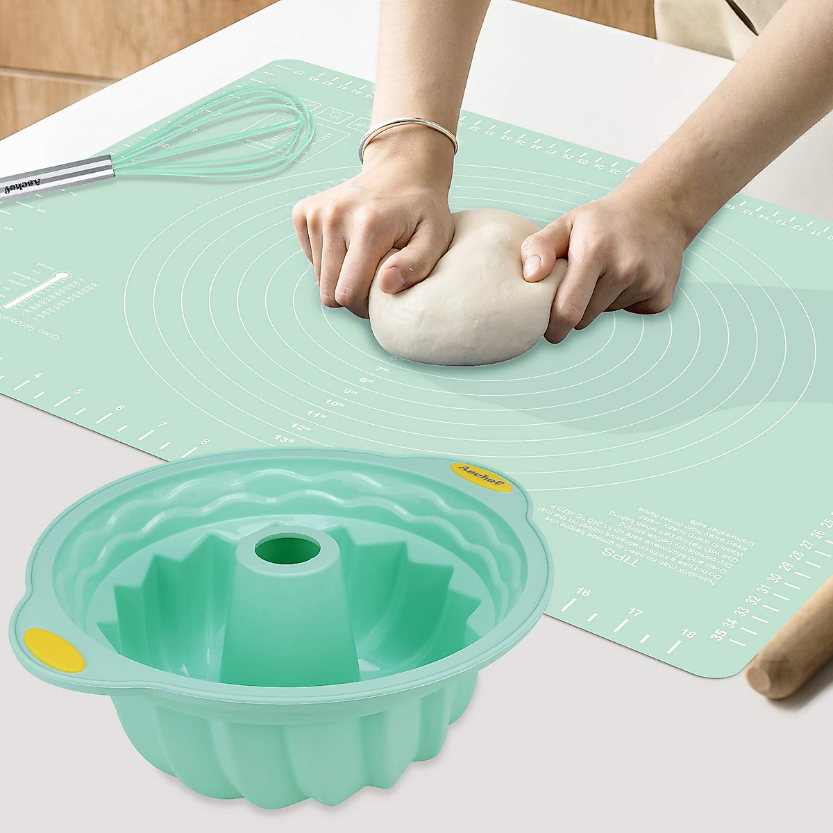 Aschef Steel Reinforced Frame Nonstick Silicone Bundt Cake Pan Baking Mold w/Baking Mat Set-BPA Free, Dishwasher & Microwave Safe