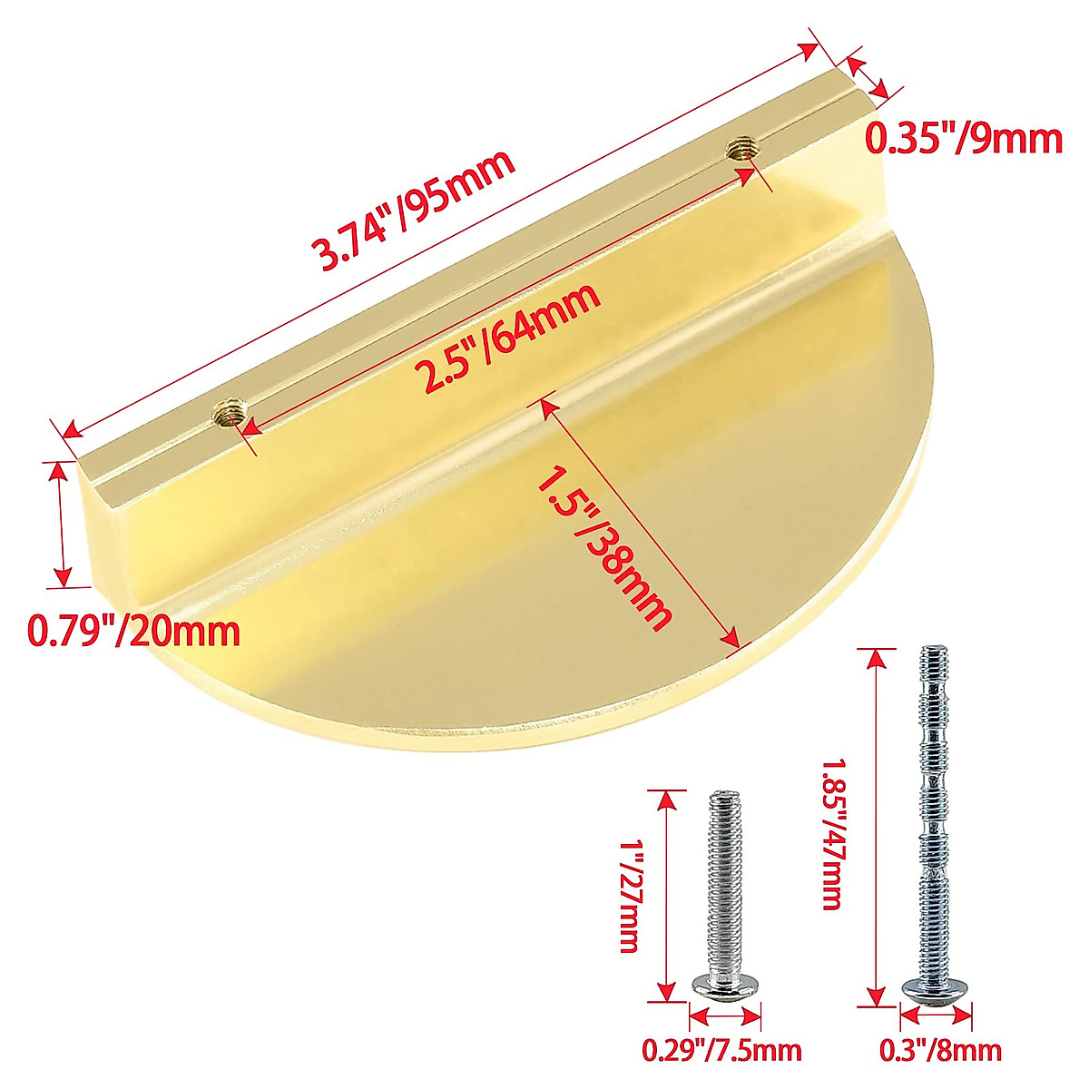 Jiozermi 4 Packs Half Moon Cabinet Pulls, 2 1/2 inch Drawer Pulls, Semicircle Pulls, Solid Brass Hardware Pulls, Gold (Total Length: 3.74")