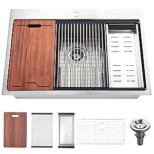 ARAUSK Drop in Kitchen Sink Nano, 33 X 22 Inch, 18 Gauge Gunmetal Matte Stainless Steel Sink, 10 Inch Depth Workstation Sink Single Bowl, T-304 Topmount Sink with Accessories