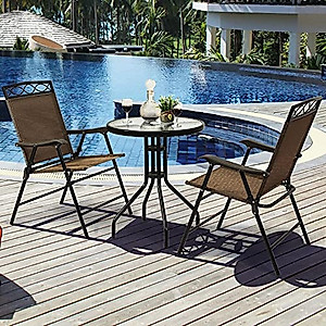 LIRUXUN 3 PCS Bistro Conversation Patio Pub Dining Set W/ 2 Folding Chairs & Glass Table Round Table