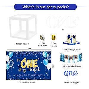 FVABO 1st Birthday Decorations Boy - First Birthday Baby Boy Decorations Include Balloon Box, Backdrop, Crown, Banner, High Chair Banner, Topper, For Baby First One Year Old Boy Party Supplies
