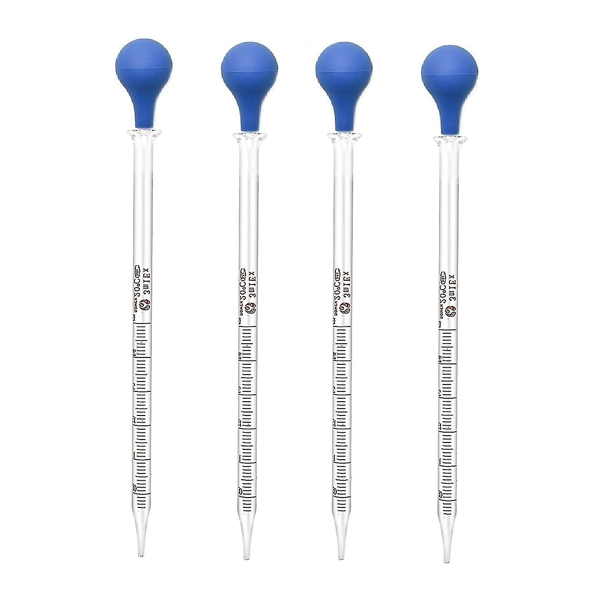 HIBATUL INC 4 Pack (3ml) Glass Graduated Dropper Pipettes Lab Dropper with Blue Rubber Cap and Scale