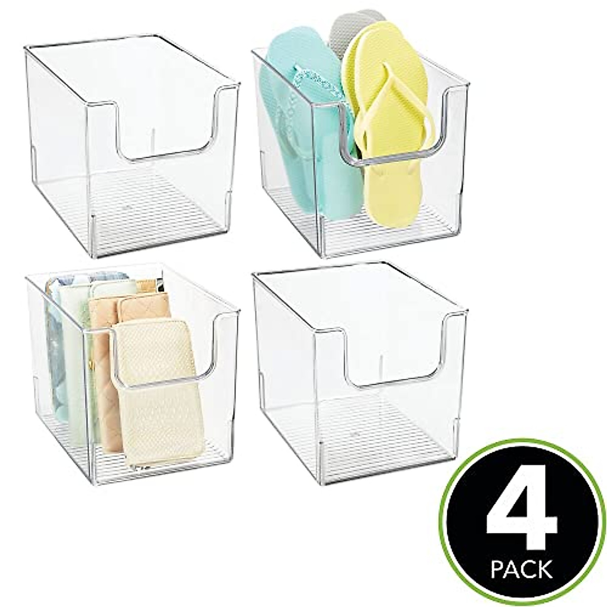 mDesign Modern Plastic Open Front Dip Storage Organizer Bin Basket for Closet Organization - Shelf, Cubby, Cabinet, and Cupboard Organizing Decor - Ligne Collection - 4 Pack - Clear