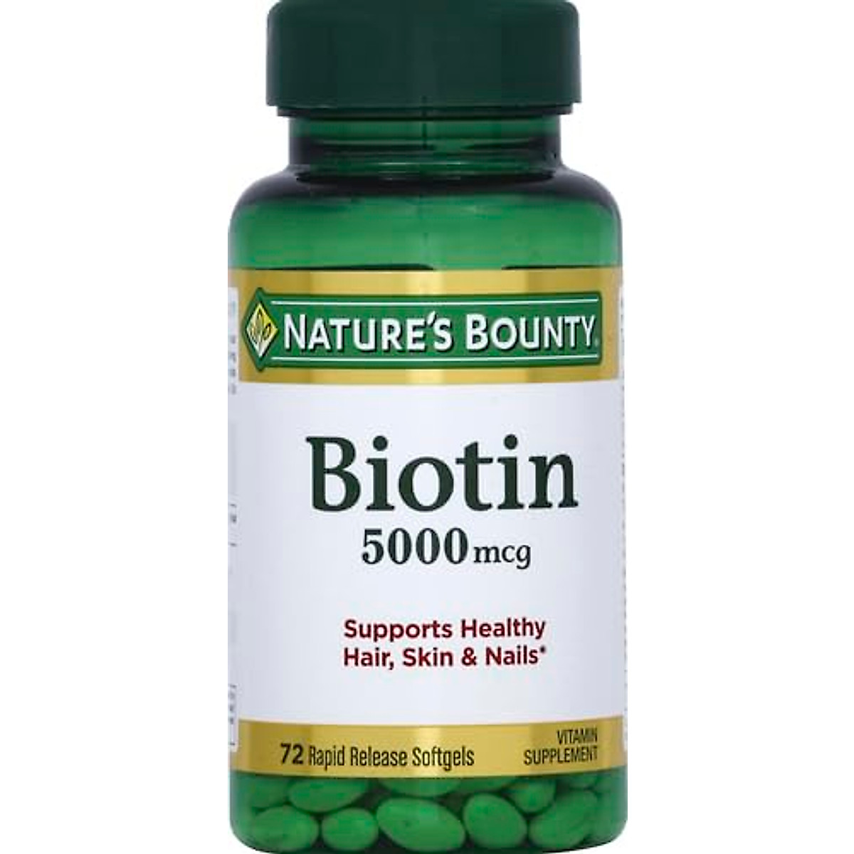 Nature's Bounty Biotin, Vitamin Supplement, Supports Metabolism for Energy and Healthy Hair, Skin, and Nails, 5000 mcg, 72 Softgels