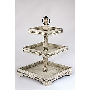KEFO Three Tiered Beaded Tray Decor Stand - 12 x 18 Inch Large White Wooden 3 Tiered Tray Stand - Decorative Rustic Distressed 3 Tier Tray Decor Table Centerpiece - Tiered Serving Tray for Home Decor