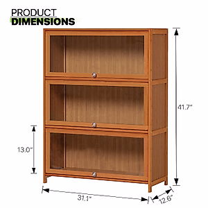 Magshion 3-Tier Bookcase with Clear Acrylic Flip-Up Doors, Bamboo Display Case Wide Brown Kitchen Cabinet Storage Pantry Cabinet Showcase Storage Cabinet Organizer (31.1" L x 12.6" W x 41.7" H)