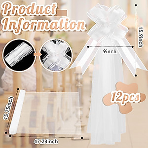 FineCheer 12 Set Large Wedding Pew Bows with Long Tulle Tails Wedding Pew Bows Church Chair Aisle Decorations Wedding Car Decoration Big Bows for Bridal Shower Reception Birthday Anniversary(White)