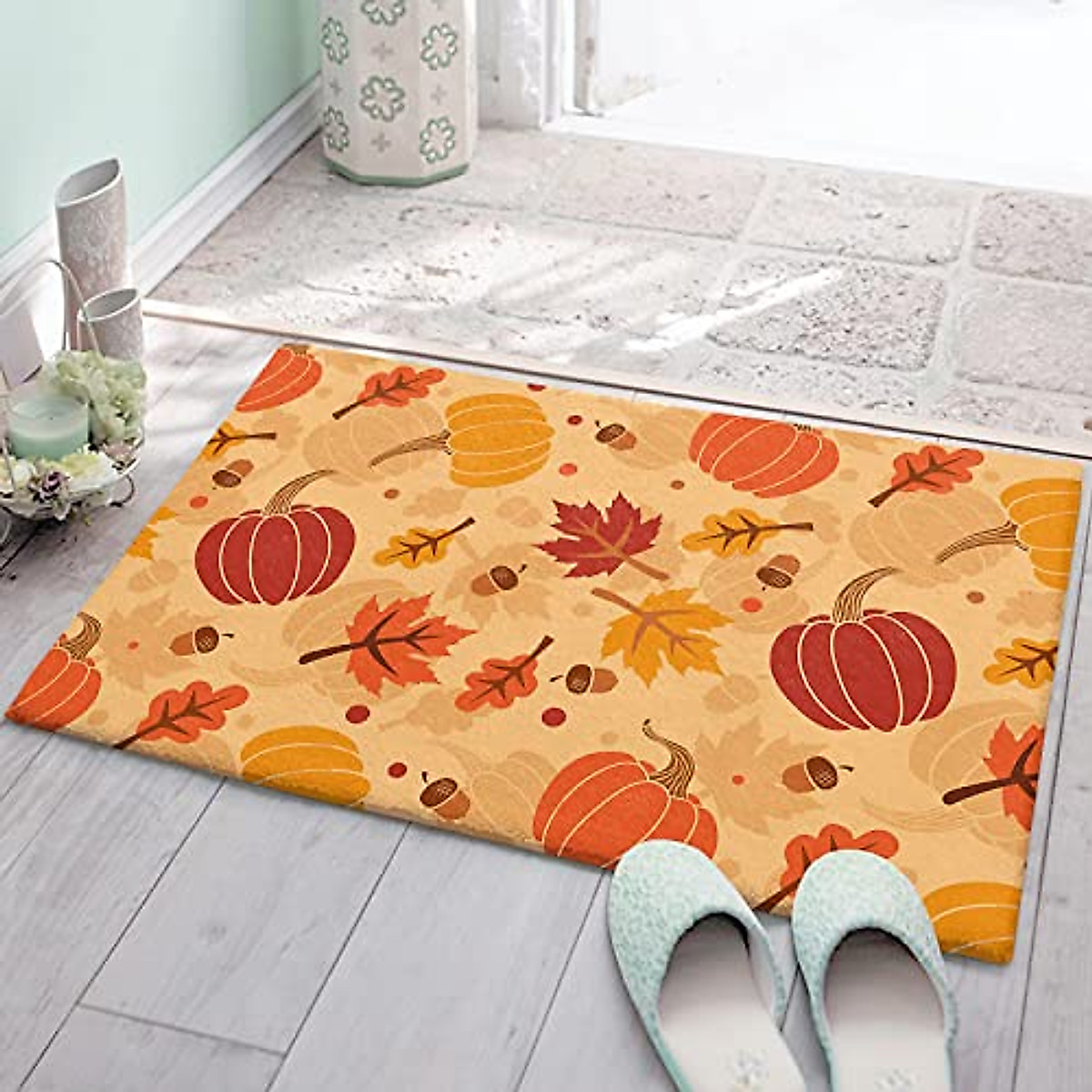 Thanksgiving Pumpkin Doormat Fall Soft Shag Non Slip Bath Rugs,Maple Leaf Seamless Entryway Fuzzy Carpet,Farm Berry Indoor Floor Cozy Mats,Washable Door Mat Entry Rugs for Bedroom Kitchen 24x35in