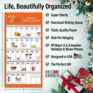 RED EMBER Every Day's An Amazing Holiday 2023 Hangable Monthly Wall Calendar | 12" x 24" Open | Kids Fun Funny | Perfect for Schools Teachers Classrooms | Big Grid Planners for Office