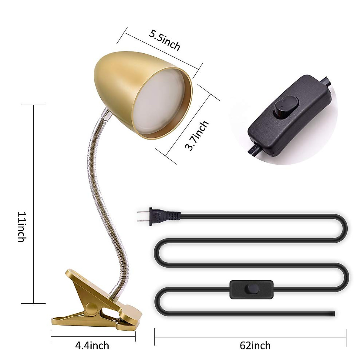 Energetic Clip on Lamp for Bed, Non-Dimmable Reading Light for Bed and Desk, 4000K Cool White, 3.5W 240 LM Flexible Gooseneck lamp, Eye Protection, ETL Listed, Gold