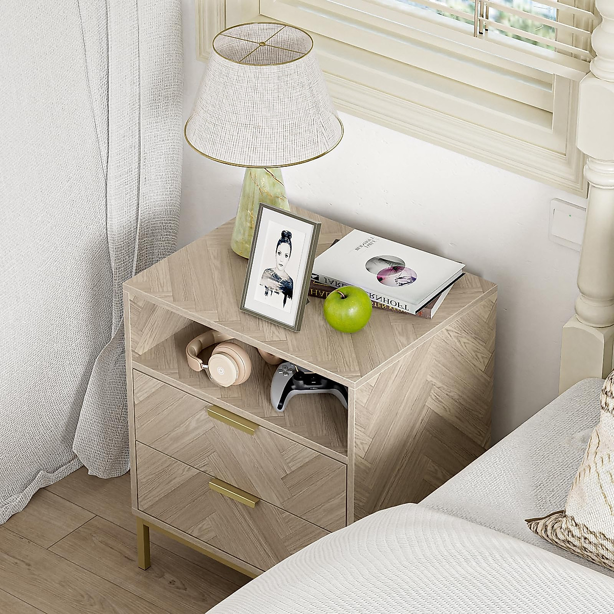 Anmytek Modern Nightstand for Bedroom, 2 Drawer Nightstand Square Bedside Table End Table with Storage for Bedroom, Sofa Side Table 2 Drawer Nightstand, Natural Oak, H0103