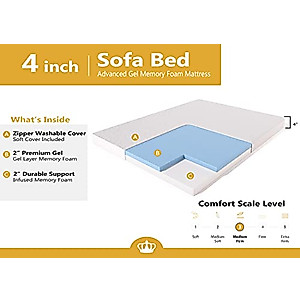 DynastyMattress 4-inch Cool Gel Memory Foam Mattress Sleeper for Convertible Folding Sofa & Couch Beds Queen Size Sofa Not Included