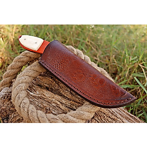 TMBrands Damascus Hunting Knife, Fixed Blade Knife, Camping Knife & Gift Knives with Rose Wood & Bone Handle & Leather Knife Sheath