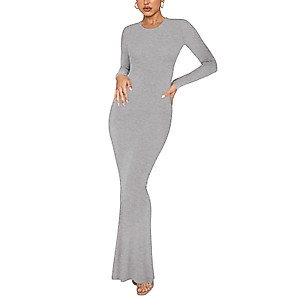 REORIA Women's Sexy Casual Crew Neck Lounge Slimming Long Dress Elegant Wedding Guest Long Sleeve Ribbed Bodycon Maxi Dresses Light Grey Small