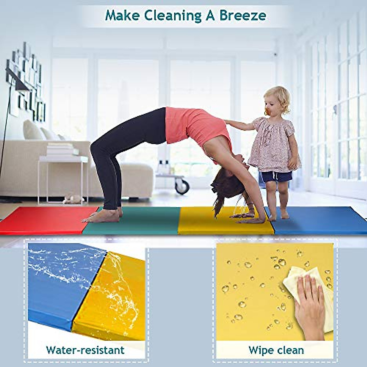 Exercise Mat, Gymnastics Mat Gym Mat 4x8x2 Thick Folding Panel Fitness Training Pad with Carrying Handles Fold Yoga Floor Tumbling Mat for Kids, Home, MMA, Martial Arts, Stretching, Aerobic, Workout