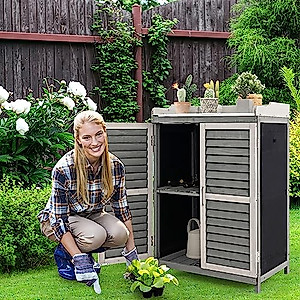 Goplus Outdoor Potting Bench Table, Garden Storage Cabinet w/Metal Tabletop, Roll-up Side Door, Solid Wood Potting Workstation for Garden, Patio, Grey