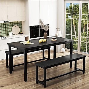 Recaceik 3-Piece Dining Table Set for 4, 43'' Dining Room Table Set with 2 Benches, Space-Saving Dinette Table with Metal Frame & MDF Board, Breakfast Table for Kitchen, Dining Room, Black