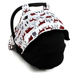 Dear Baby Gear Car Seat Canopy, Woodland Adventure Bear Moose Plaid, Minky Black