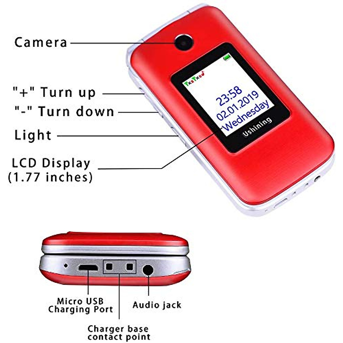 USHINING 3G Unlocked Flip Phone Dual Screen Dual SIM Mobile Phones Easy-to-Use Flip Cell Phones with Charging Dock (Red)
