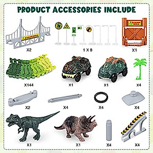 Dinosaur Tracks, 185 PCS Create A Dinosaur World Road Race for Kids Boys Toys Flexible Train Tracks Set and 2 Cool Dinosaurs Cars Dinosaur Toys for Age 3 4 5 6 7 8 Year & Up Old Boy Girls Best Gift