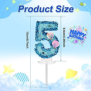 3 Inch Shell Birthday Number Candle, Glitter Number Candle Cake Topper Shell Sequins Cake Numeral for Birthday Wedding Anniversary Mermaid Themed Party (Blue, 5)