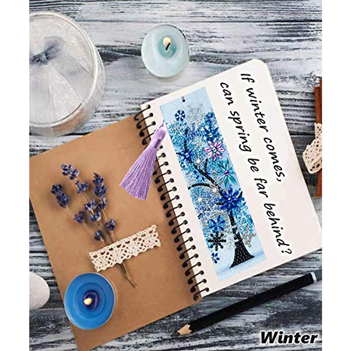 4 Pack 5D Diamond Painting Bookmarks Beautiful Four Seasons Trees Leather Tassel Bookmark with Diamond Painting Kits for Adults and Kids,8.3x2.4 Inch