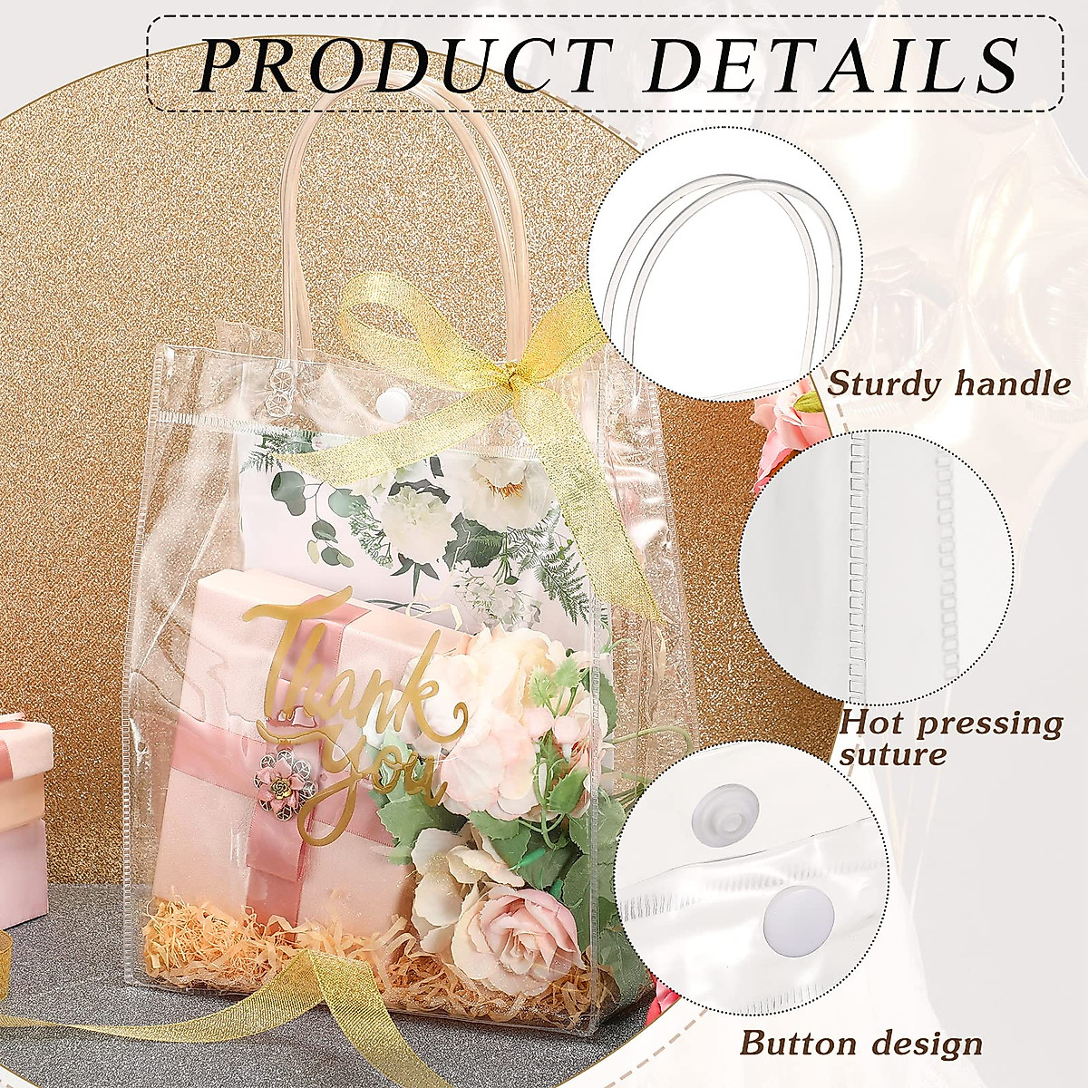 24 Pack Thank You Gift Bags Clear PVC Plastic Gift Bag with Handle Transparent Gift Tote Bag Wedding Gift Bag Ribbon for Baby Shower Party Birthday Favor 8 x 4 x 10 Inch (Cute Style)