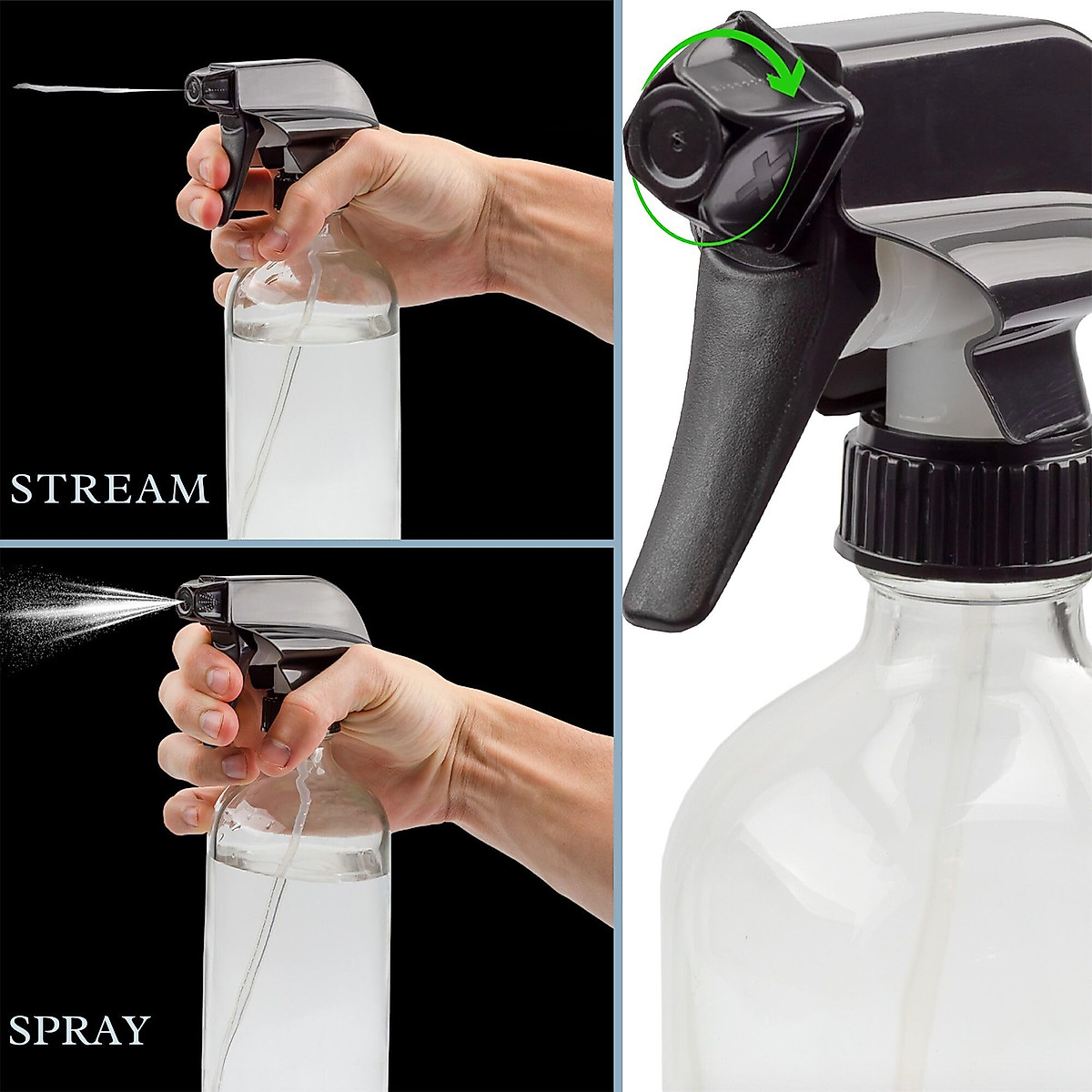 Cornucopia 16oz Clear Glass Spray Bottles w/Chalk Labels (2 Pack); Boston Round Bottles with 3-Setting Adjustable Heavy Duty Sprayers