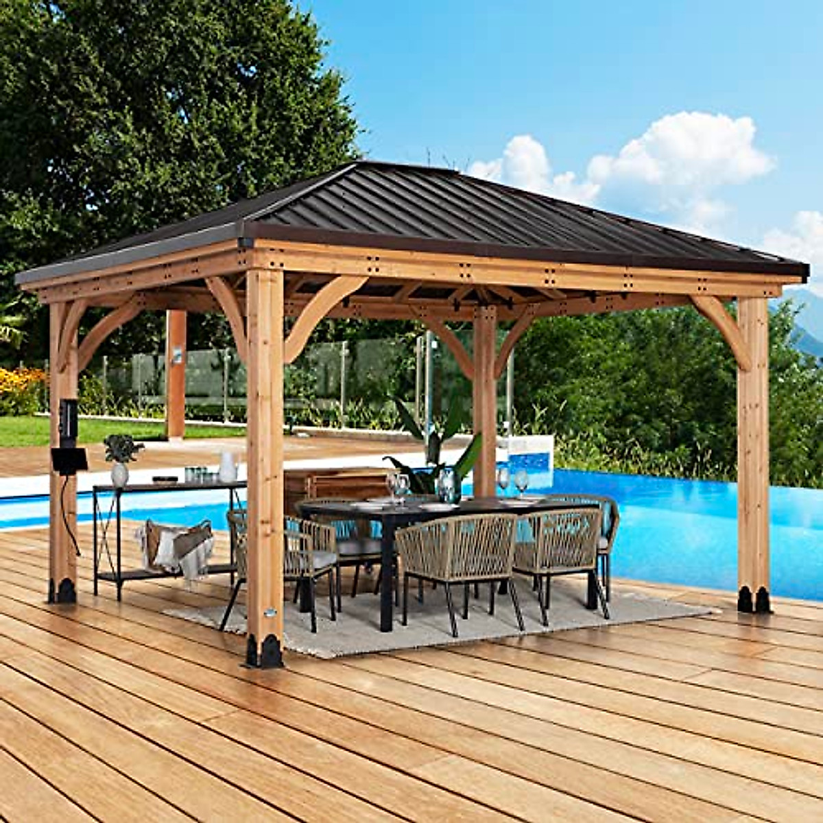 Backyard Discovery Barrington 14 ft. x 12 ft. Hip Roof Cedar Wood Gazebo, Shade, Rain, Hard Top Steel Metal Roof, All Weather Protected, Wind Resistant up to 100 mph, Holds up to 6500 lbs