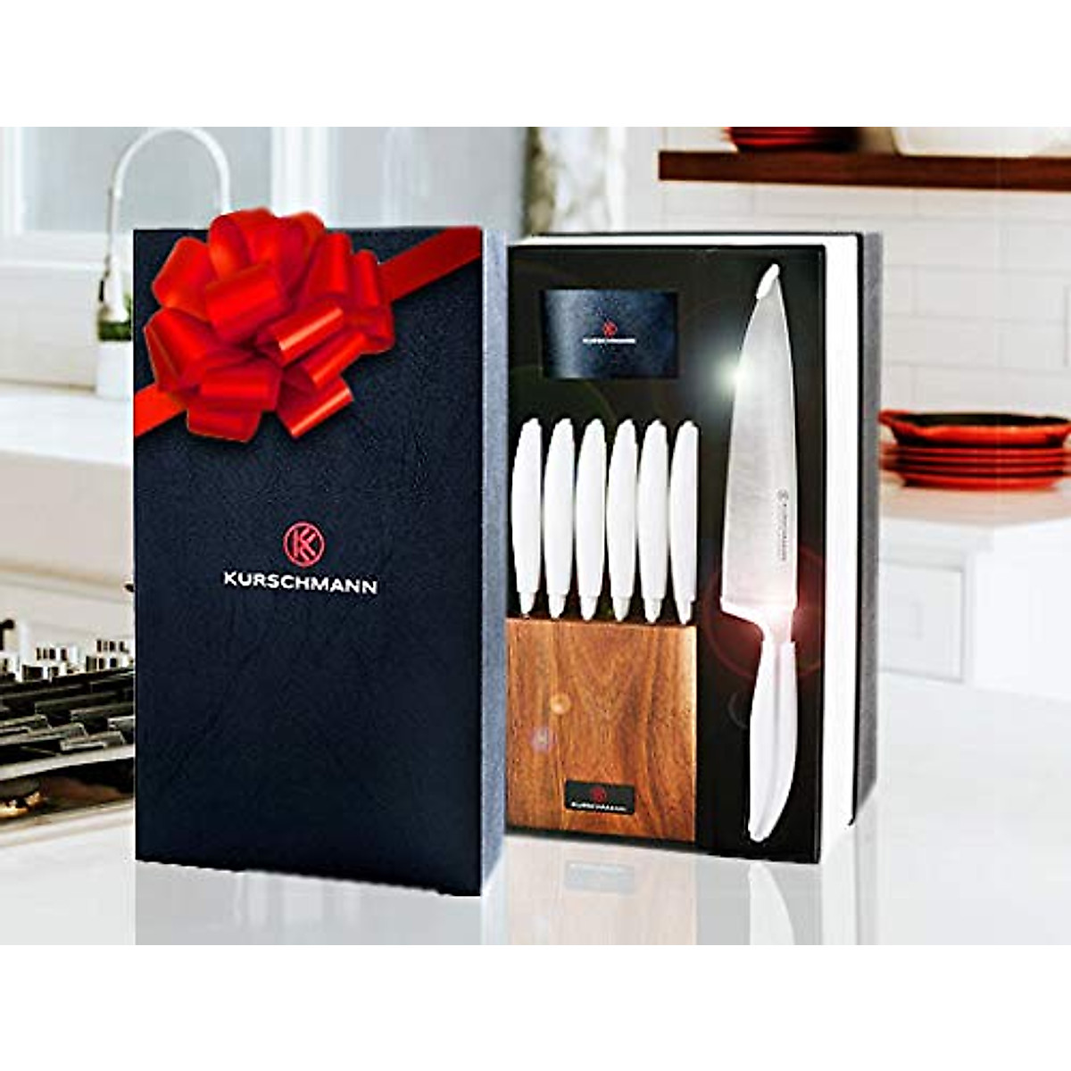 Kurschmann 15-Piece Knife Set CLEARANCE in Upright Acacia Block, White Handles with Stainless Steel Chef's Knife, 6 Steak Knives + Santoku, Bread, Carving, Paring, & Utility Knife + Scissors & Rod