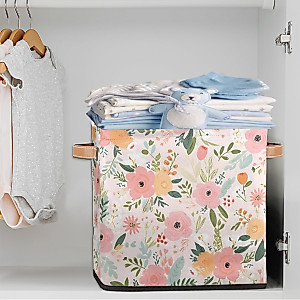 Piolysio Pink Flowers 13 Inch Storage Cube Bins Fabric Storage Bin with Leather Handles Foldable Storage Organizer Baskets for Closet, Shelves, Bedroom, Living Room