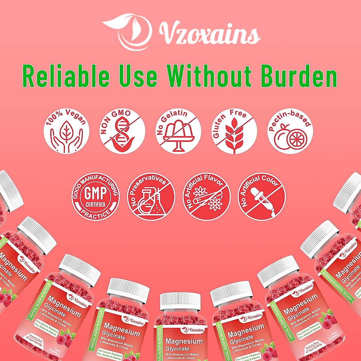 Magnesium Glycinate Gummies 600 mg, Magnesium Gummies for Adults and Kids, Support for Relaxtion and Muscle, 60 Raspberry Flavored Gummies