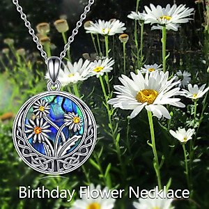 DAYLINLOVE Birth Flower Necklace 925 Sterling Silver Celtic Knot Daisy Birth Month Flower Necklace with Abalone Shell Anniversary Birthday Jewelry Gift for Women