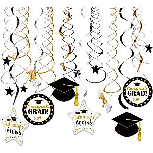 Decor365 Gold Black Silver Graduation Decorations Hanging Swirls Congrats Grad Banner Black Graduation Cap Stars Adventure Begins Dangling Home Classroom Decor for High School/College/University