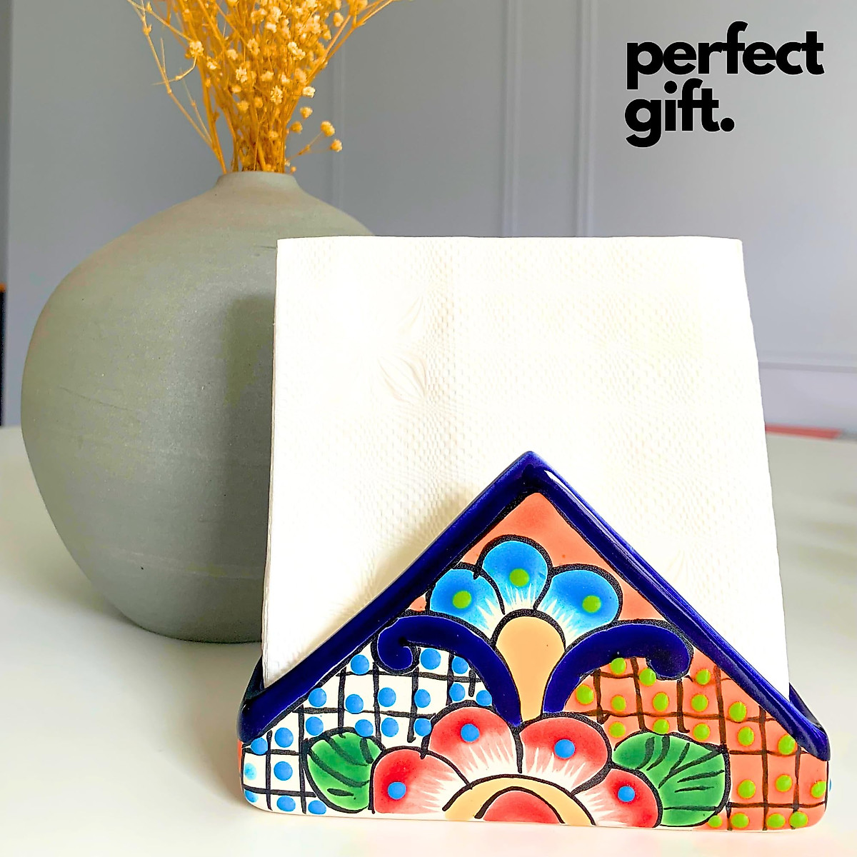 Ceramic Cocktail Napkin Holder - Authentic Mexican Pottery - for Kitchen Countertop | Dinner Table | Indoor & Outdoor Use Tissue and Letter Holder - Mexican Style Talavera Servilletero (Multicolor)