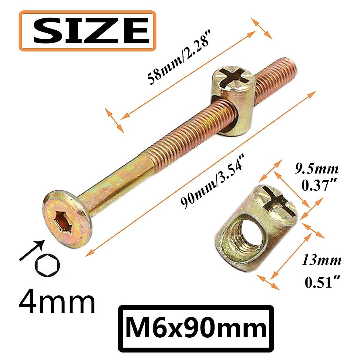 Socell M6 x 90mm Zinc Plated Hex Drive Socket Cap Furniture Barrel Screws Bolt Nuts Assortment Kit for Furniture Cots Beds Crib Hardware Screws Crib and Chairs(Pack of 15 and 1 Hex Key for Free)