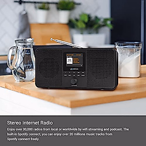 LEMEGA IR4S Stereo WiFi Internet Radio,FM Digital Radio, Spotify Connect, Bluetooth Speaker, Dual Alarms Clock, 40 Presets, Headphone-Output, Batteries or Mains Powered – Black Finish